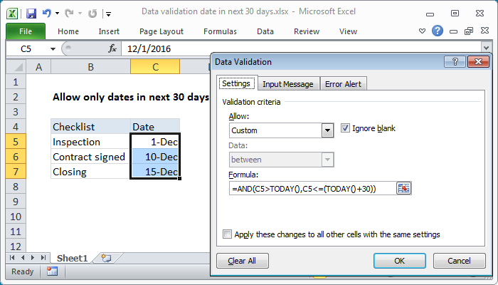 Excel Formula Data Validation Date In Next 30 Days Exceljet